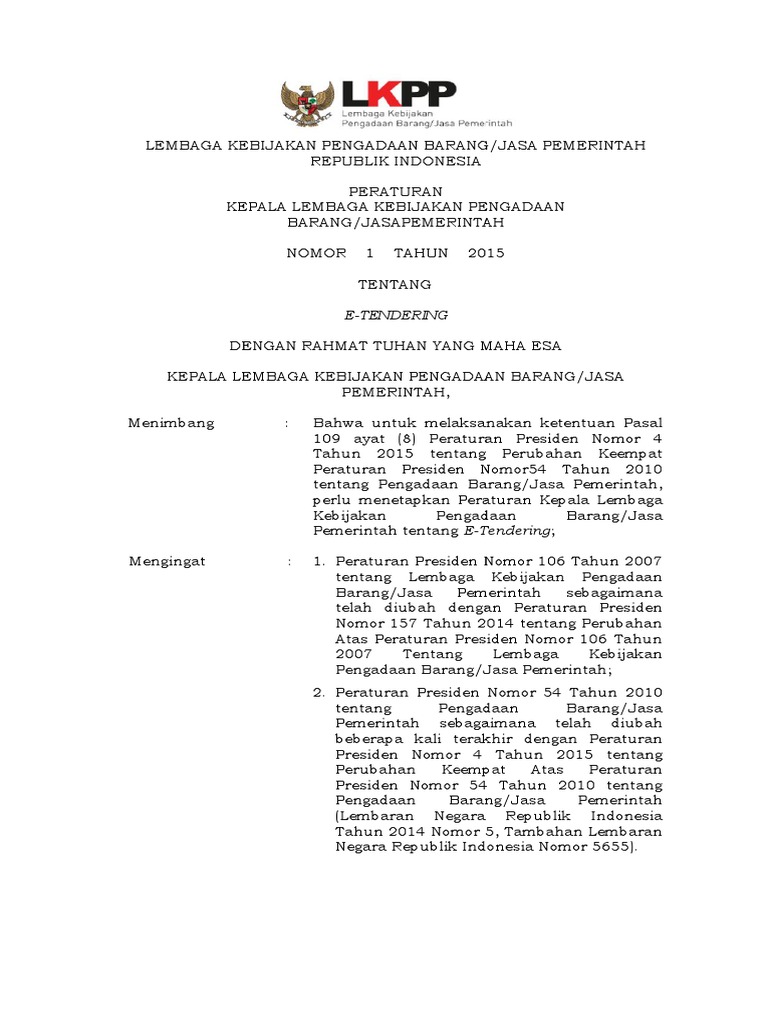 Perka LKPP No 1 Tahun 2015 E-Tendering PDF | PDF | Bisnis