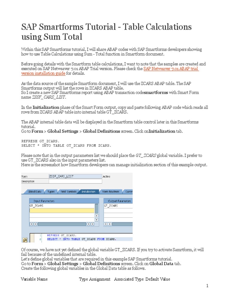 Sap Smartforms Tutorial Table Calculations Using Sum Total Pdf Computer Engineering