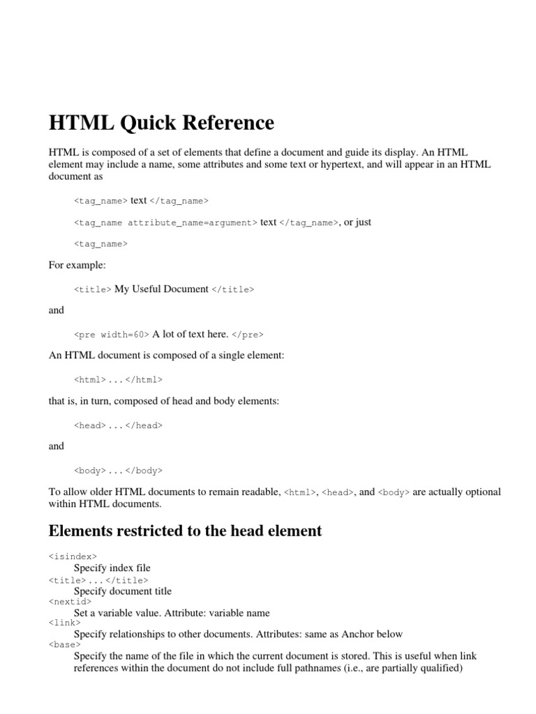 HTML Quick Reference: Elements Restricted To The Head Element | PDF ...