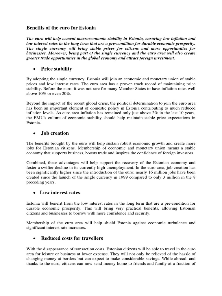 Benefits of The Euro For Estonia | PDF | Estonia | Euro