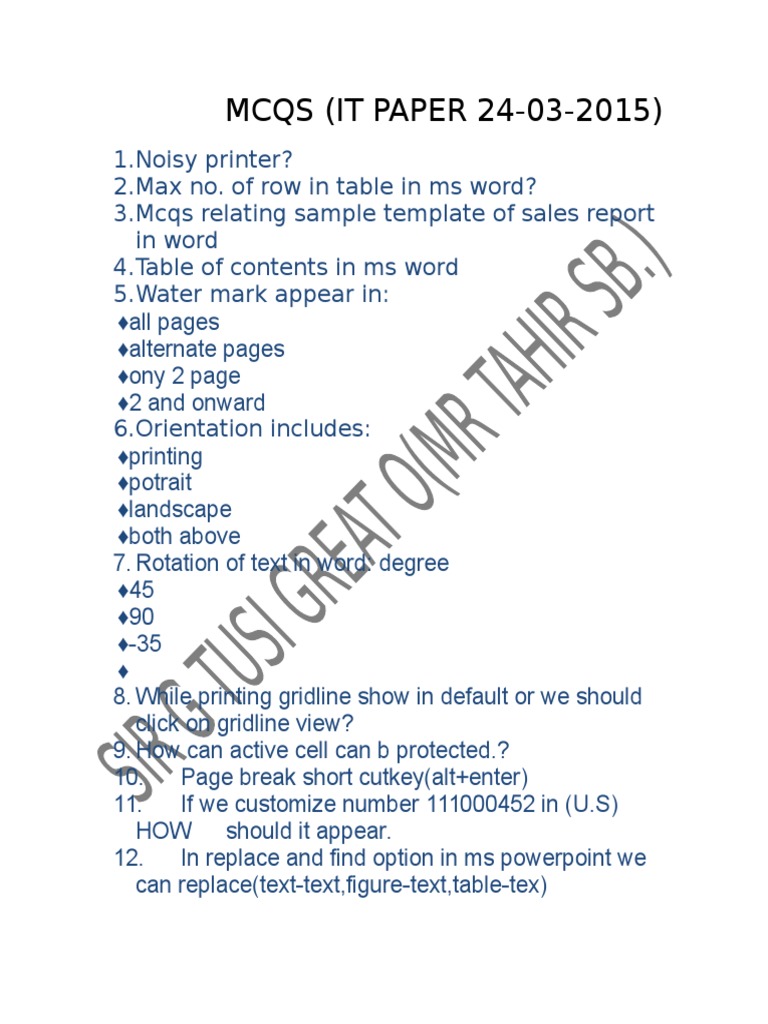 IT MCQs for Word and PowerPoint | PDF