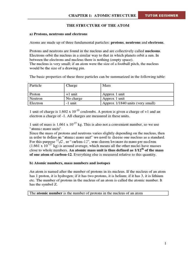 Chapter 1: Atomic Structure The Structure of The Atom A) Protons ...