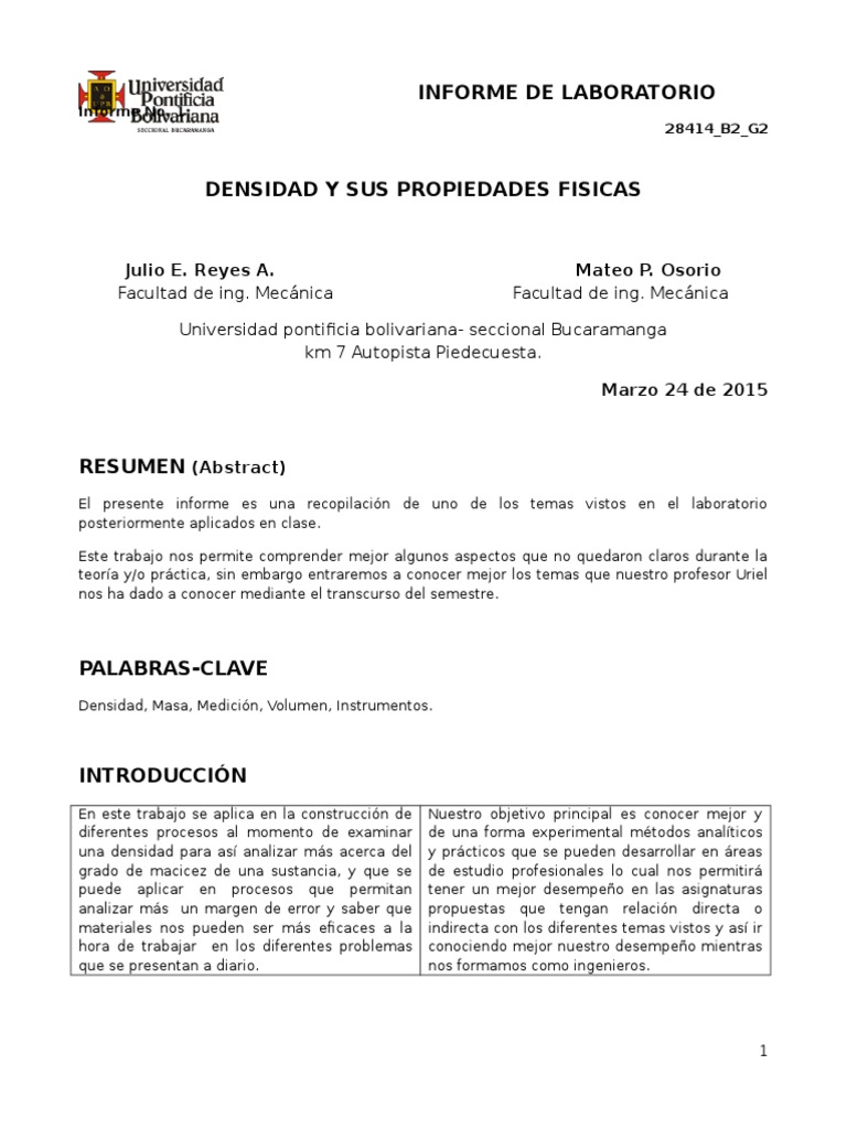 La Densidad y Sus Propiedades Fisicas | PDF | Densidad | Laboratorios