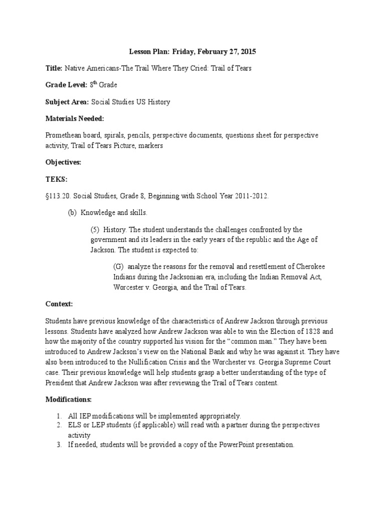 Trail of Tears Lesson Plan | PDF | Trail Of Tears | Classroom