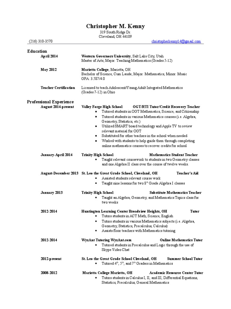 Christopher Kenny Resume (Updated) | PDF | Tutor | Secondary School