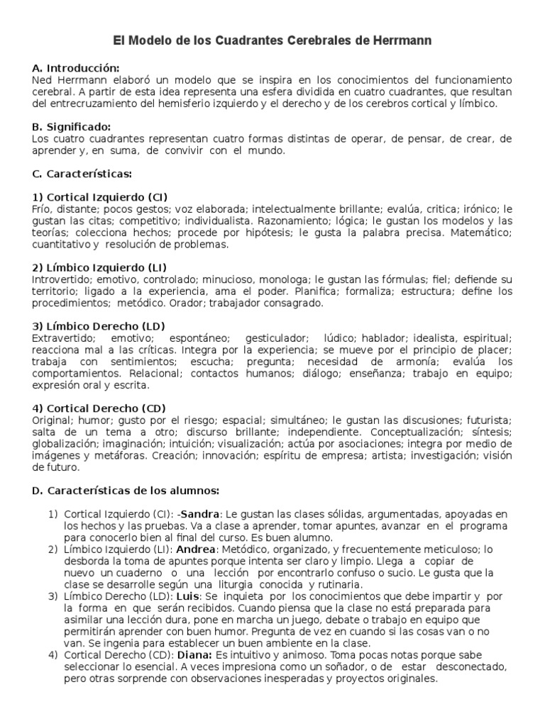 Cuadrantes Cerebrales de Herrmann | PDF | Cerebro | Aprendizaje
