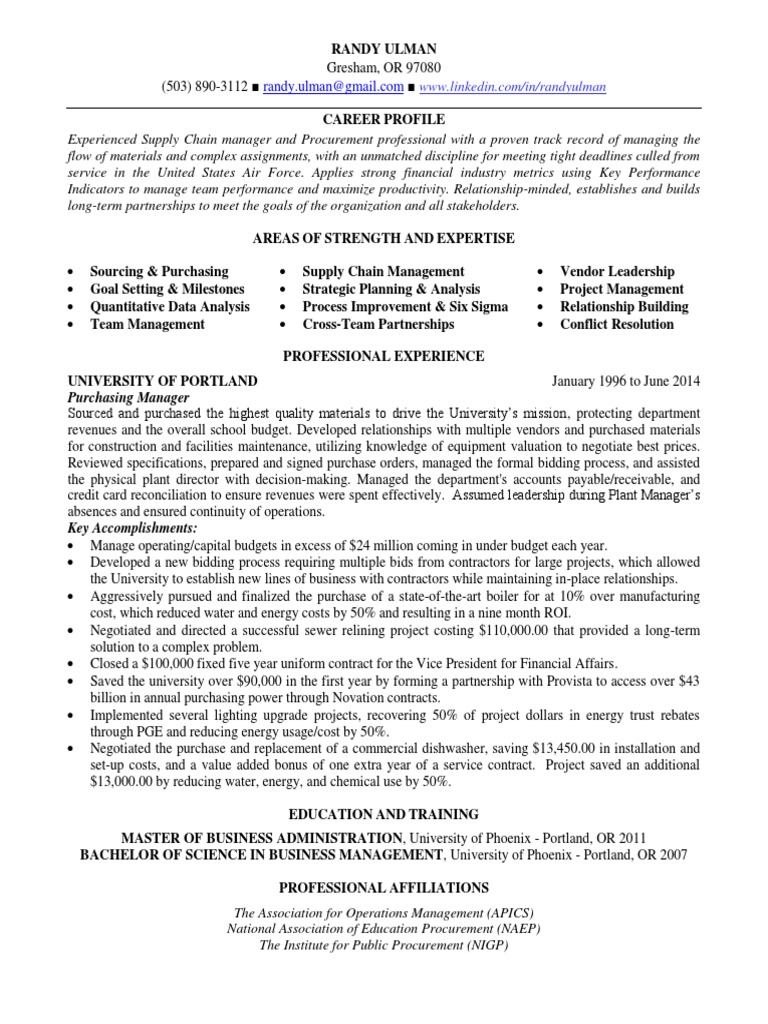 Purchasing Manager Director Supply Chain in Portland OR Resume Randy Ulman | PDF | Supply Chain ...