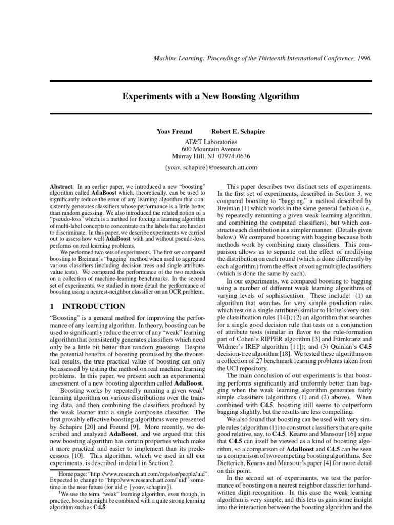 Experiments With A New Boosting Algorithm | PDF | Statistical Classification | Machine Learning