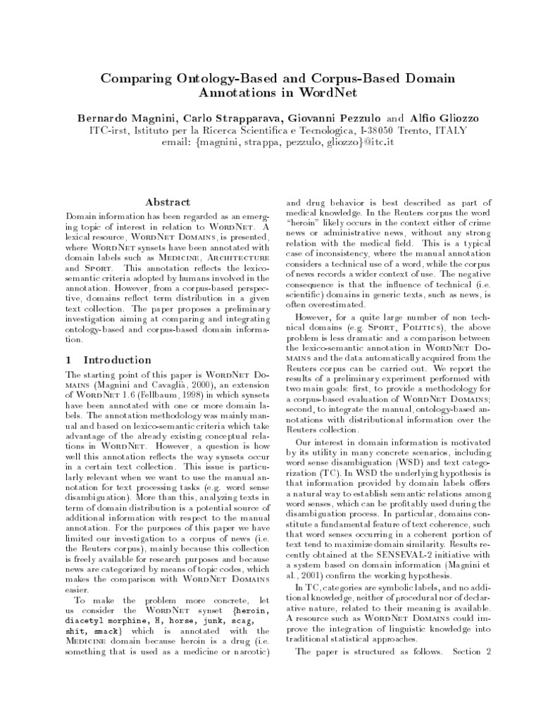 Comparing Ontology-Based and Corpus-Based Domain Annotations in Wordnet ...