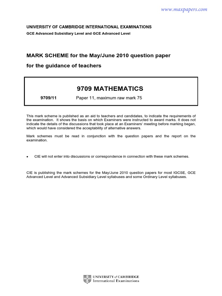9709 s10 - ms31 | PDF | Formula | Test (Assessment)