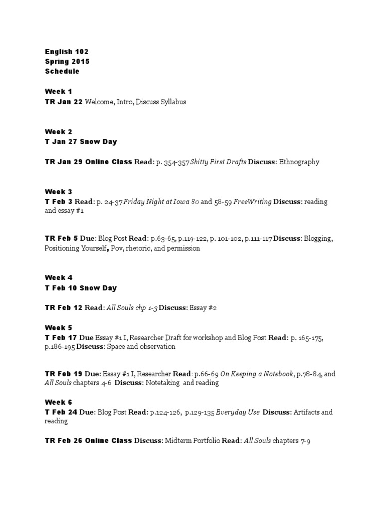 English 102 Spring 2015 Course Schedule | PDF | Language Arts & Discipline