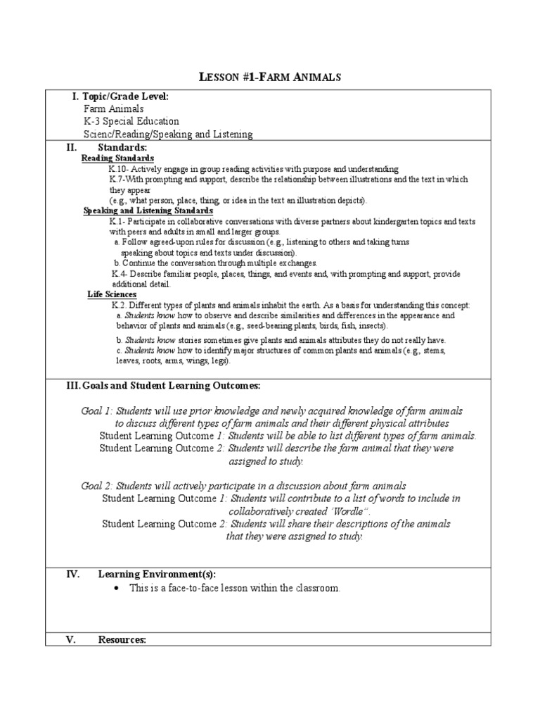 Farm Animals Lesson Plan for K-3 | PDF | Conversation | Learning