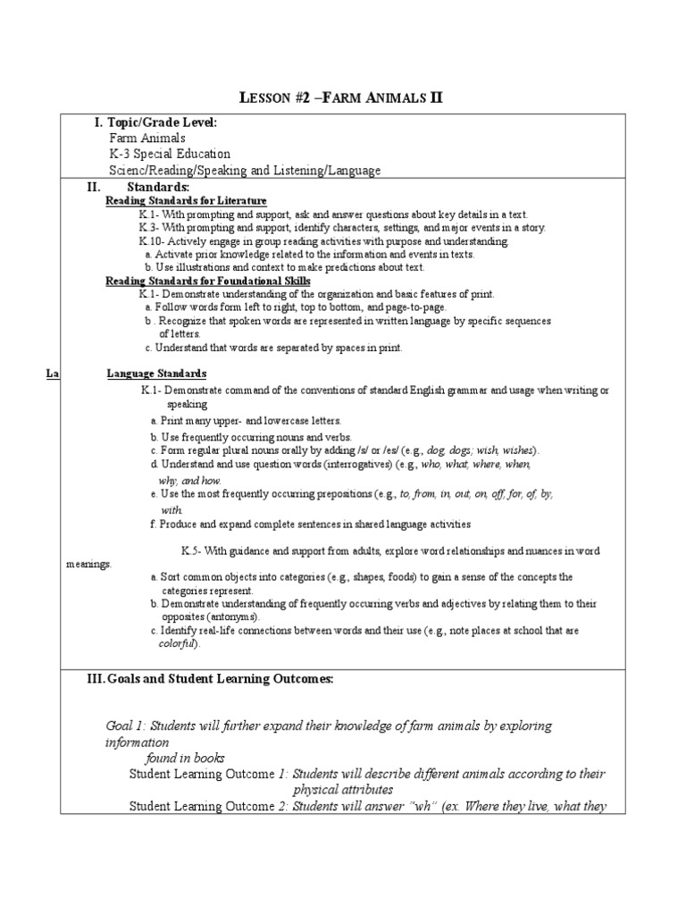 Grade 2 Farm Animals Lesson Plan | PDF | Word | Human Communication