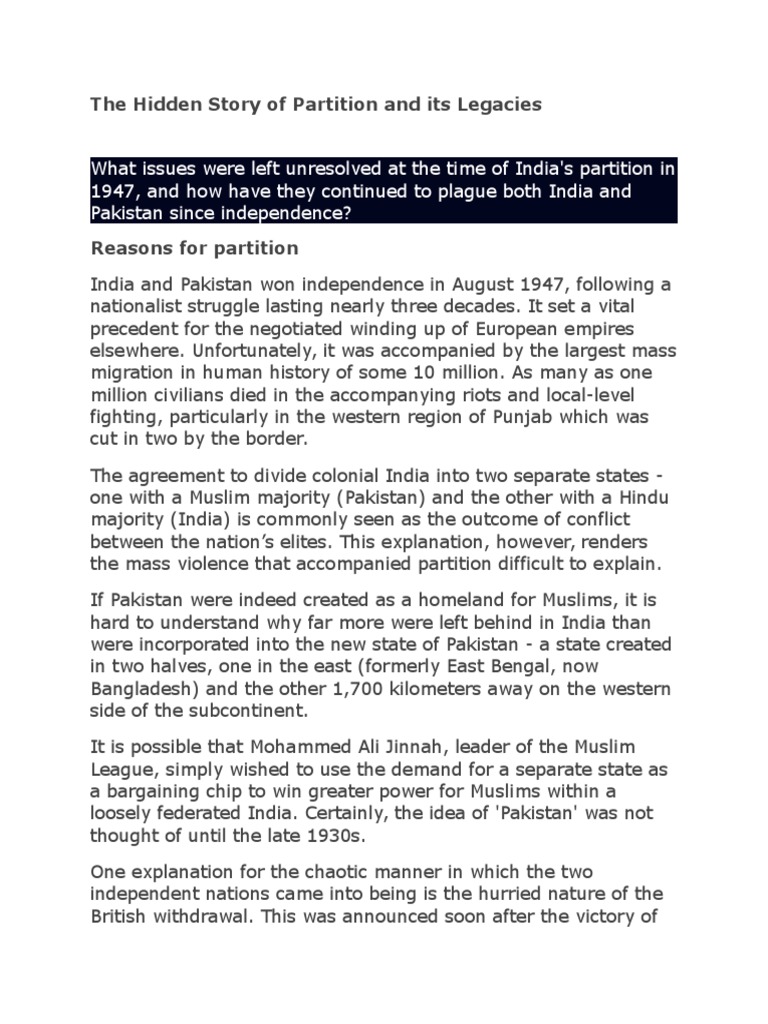 Partition of India: Unresolved Legacies | PDF | Partition Of India ...