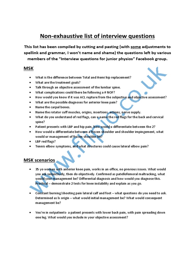 Interview Questions Band 5 PT | PDF | Physical Therapy | Chronic ...