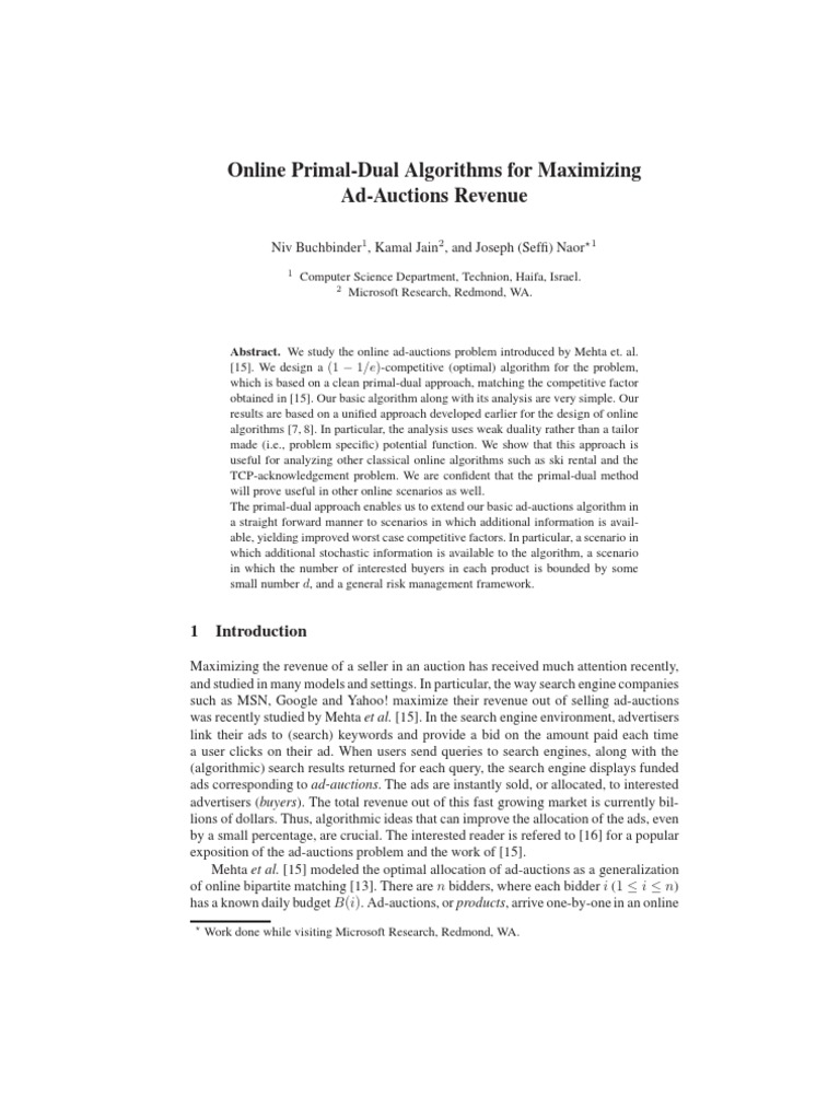 Online Primal-Dual Algorithms For Maximizing Ad-Auctions Revenue | PDF ...