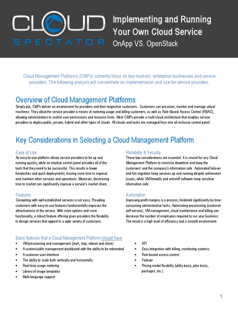 Comparing Cloud Management Platforms: OnApp VS. OpenStack | PDF | Open Stack | Cloud Computing