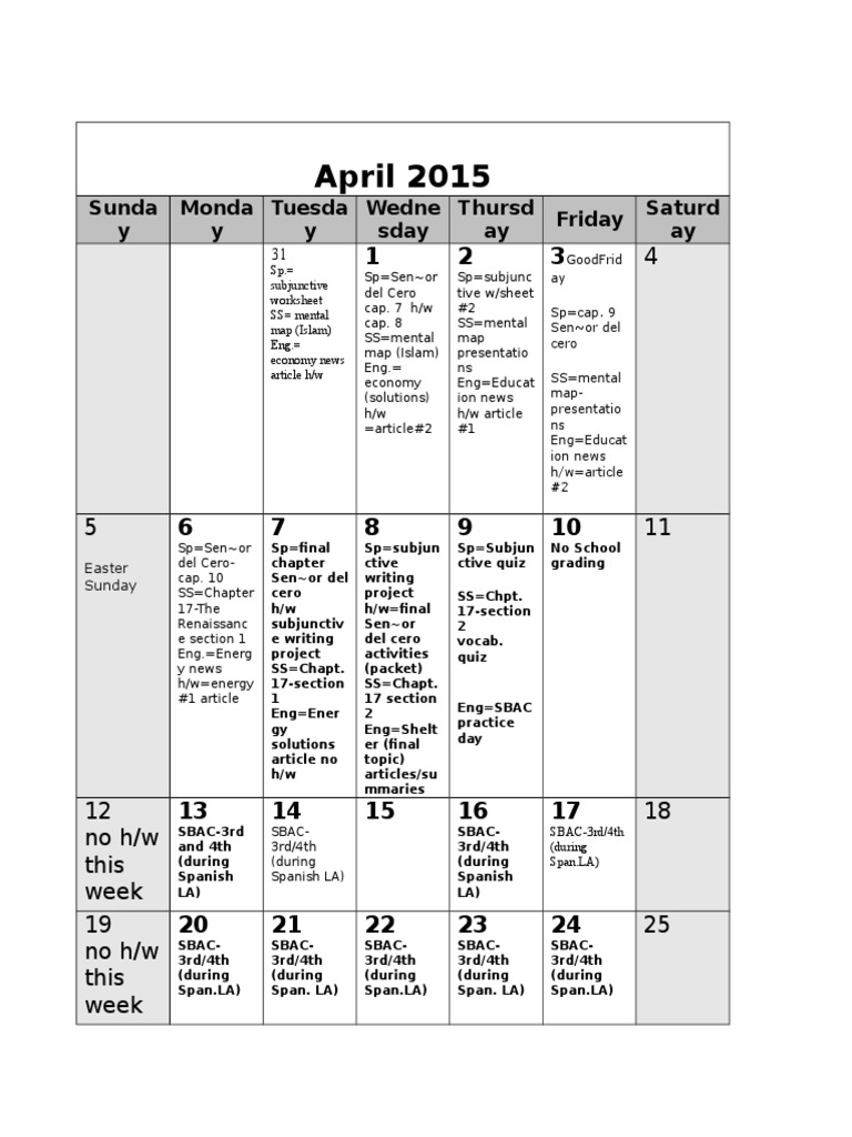 April Student Homework Schedule | PDF | Language Arts & Discipline ...