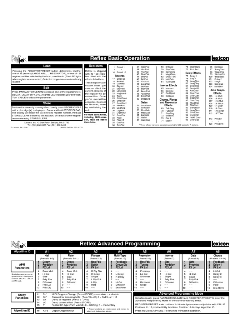 Lexicon Reflex Basic Operation/Quick Start Guide | PDF | Audio Engineering | Audio Electronics