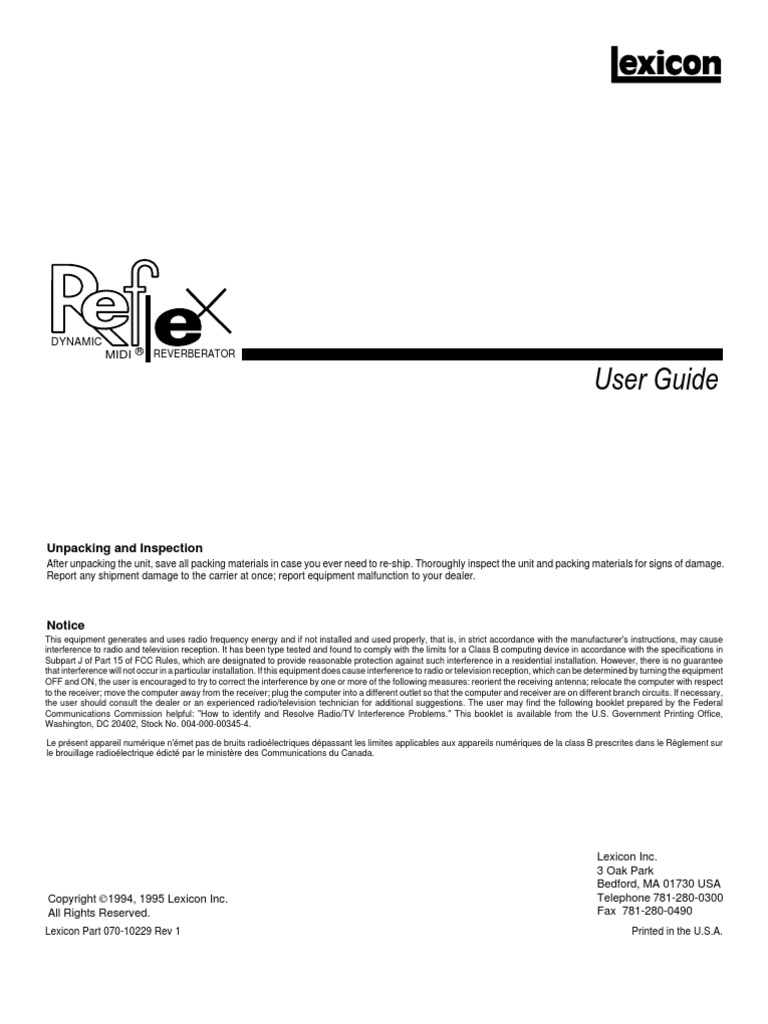 Lexicon Reflex User Guide/Manual | PDF | Synthesizer | Electromagnetic ...