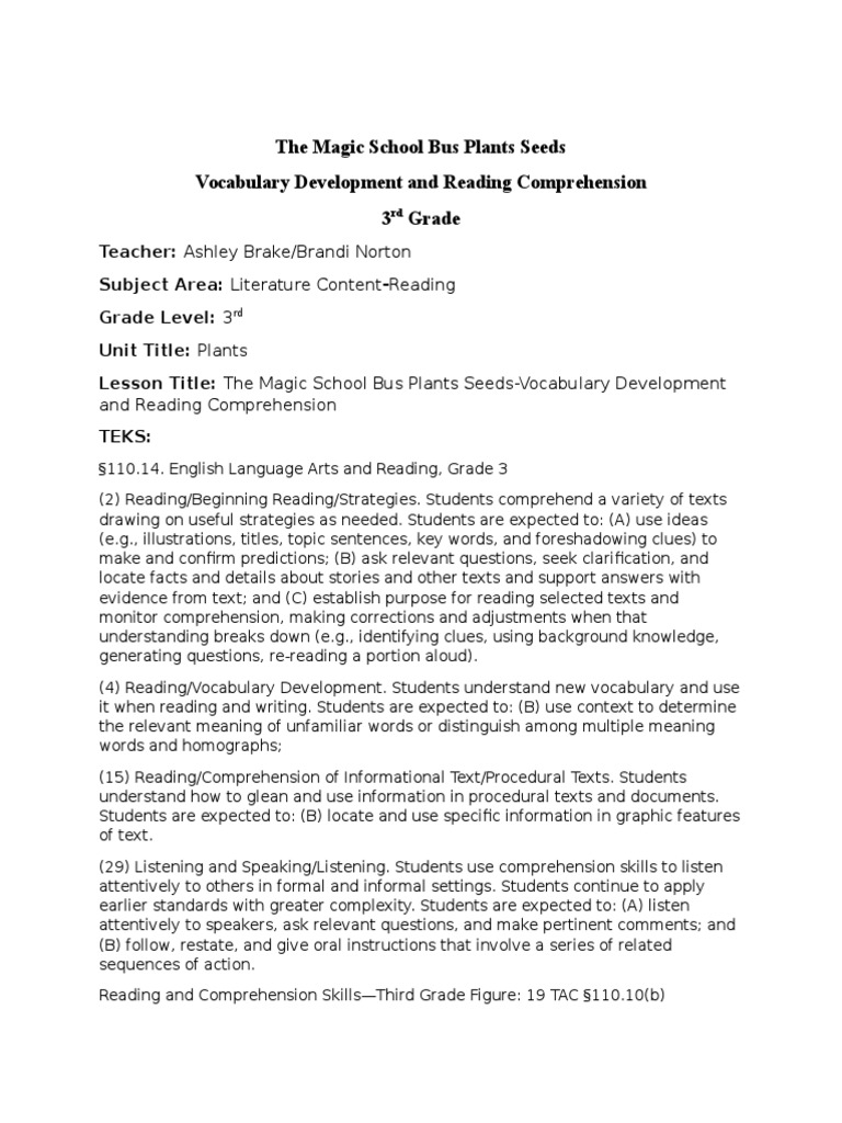 Magic School Bus: Plant Vocabulary Lesson | PDF | Reading Comprehension ...