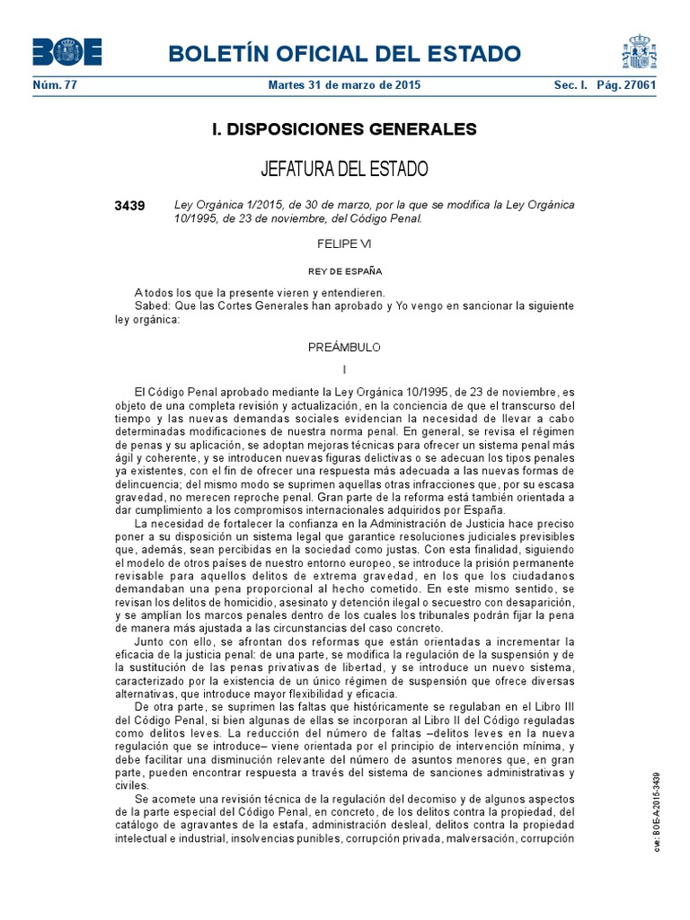 Modificación Del Codigo Penal (BOE 31-5-2015) | PDF