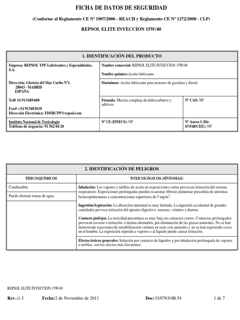 Ficha de Seguridad Repsol Elite 15W40 | PDF