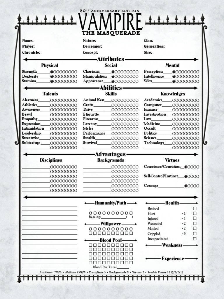 V20 Character Sheet | PDF | Leisure