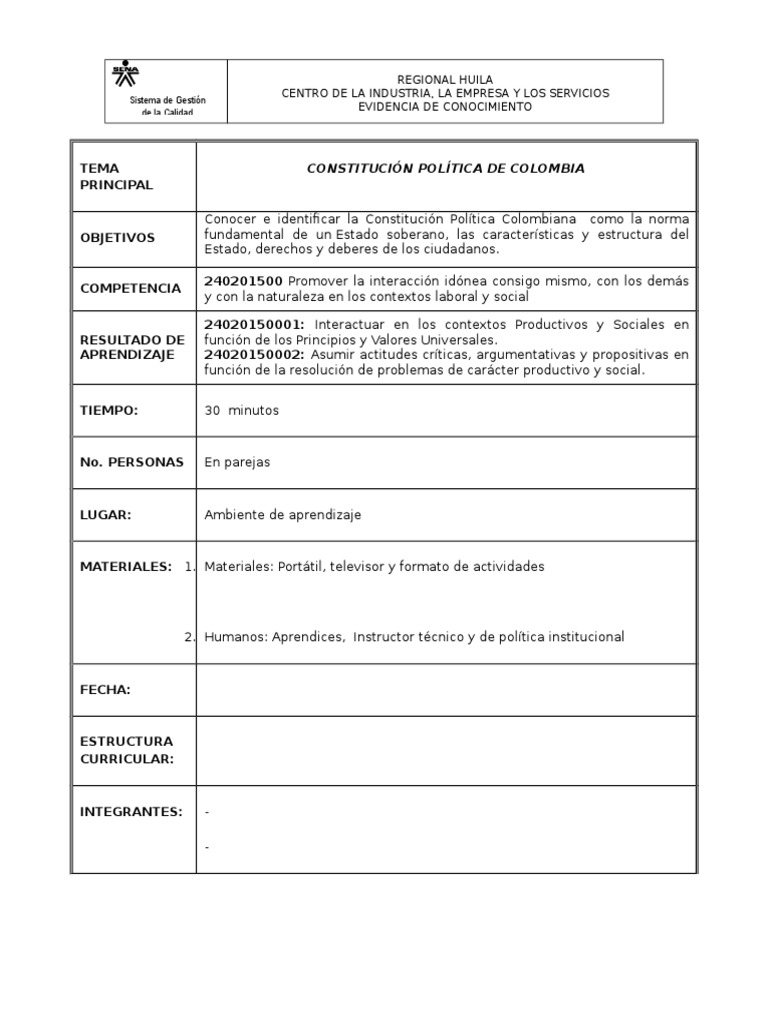 Actividad De La Constitucion Politica De Colombia Pdf Colombia