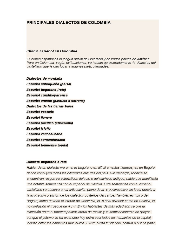 Principales Dialectos de Colombia | PDF | Idiomas | Artes del lenguaje ...