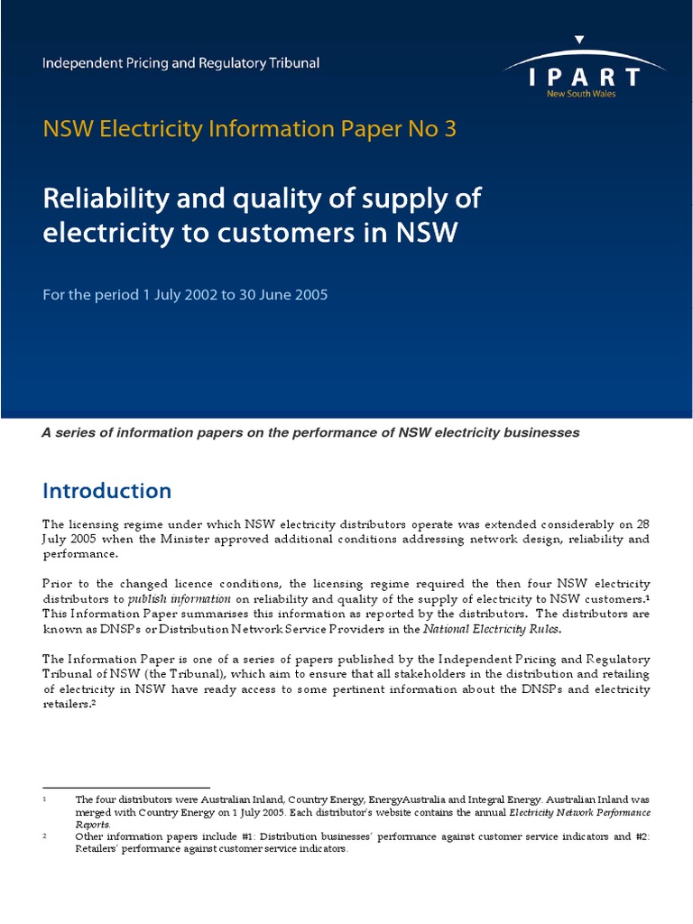 Reliability and Quality of Supply of Electricity To Customers in NSW ...