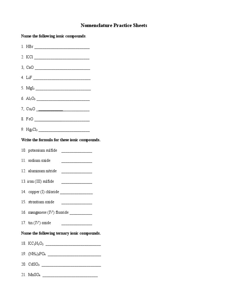 Chemical Nomenclature Practice Sheets | PDF | Chemical Elements ...