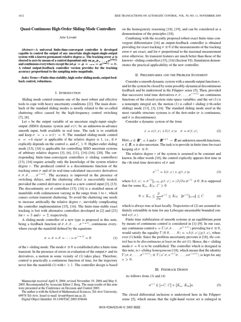 Quasi Continuous High Order Sliding Mode Controllers Pdf Control Theory Emergence