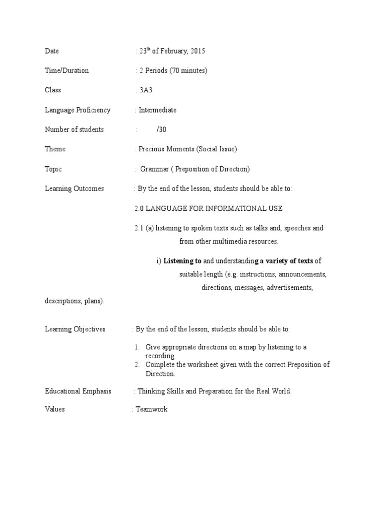Lesson Plan Prepo of Directions | PDF | Lesson Plan | Teaching