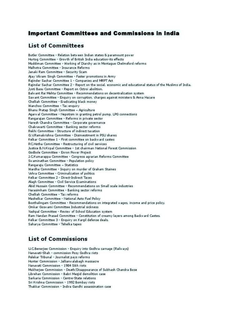 Key Committees and Commissions in India | PDF | Government Of India ...