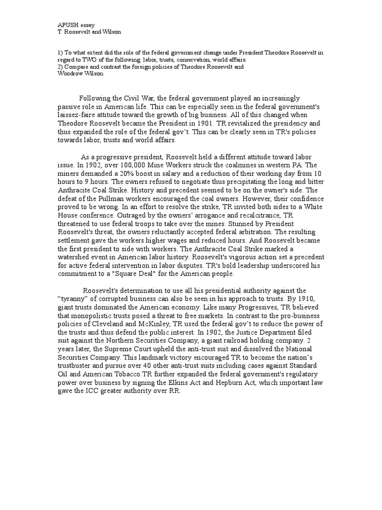 APUSH Essay T. Roosevelt and Wilson | Theodore Roosevelt | Panama Canal