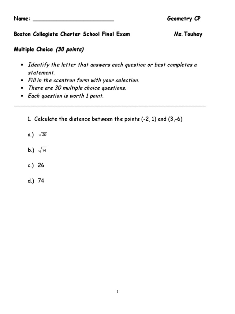 Name: - Geometry CP Boston Collegiate Charter School Final Exam Ms ...