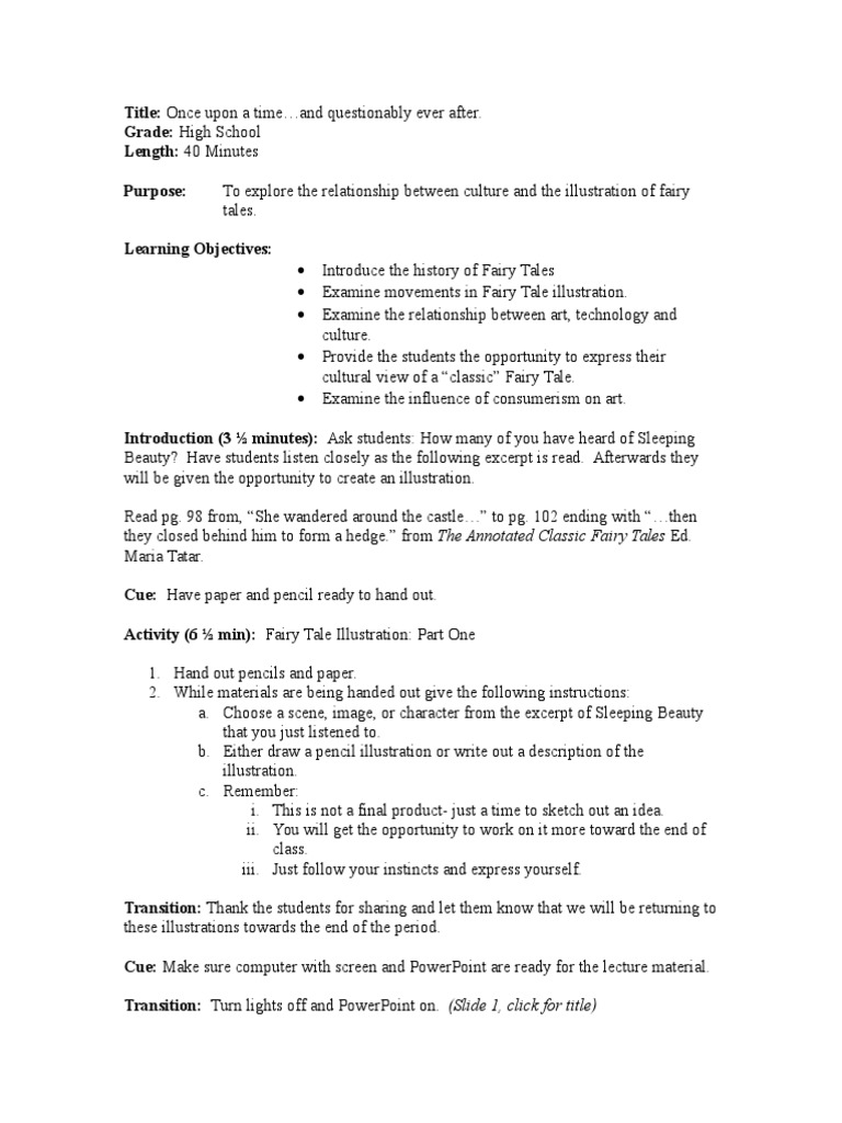 Fairy Tales Art Lesson Plan | PDF | Sleeping Beauty | Traditional Stories