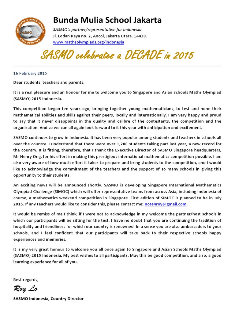 SASMO 2015 Indonesia Letter | PDF | Jakarta