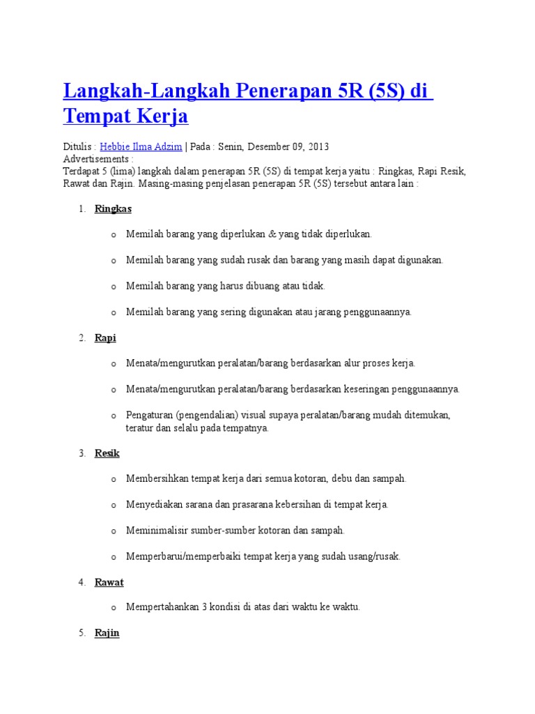 Langkah-Langkah Penerapan 5R (5S) Di Tempat Kerja: Hebbie Ilma Adzim | PDF