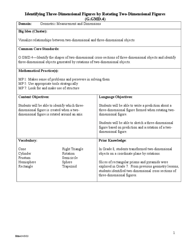 G.gmd.4 Lesson Plan-Identifying Three-Dimensional Figures by Rotating ...