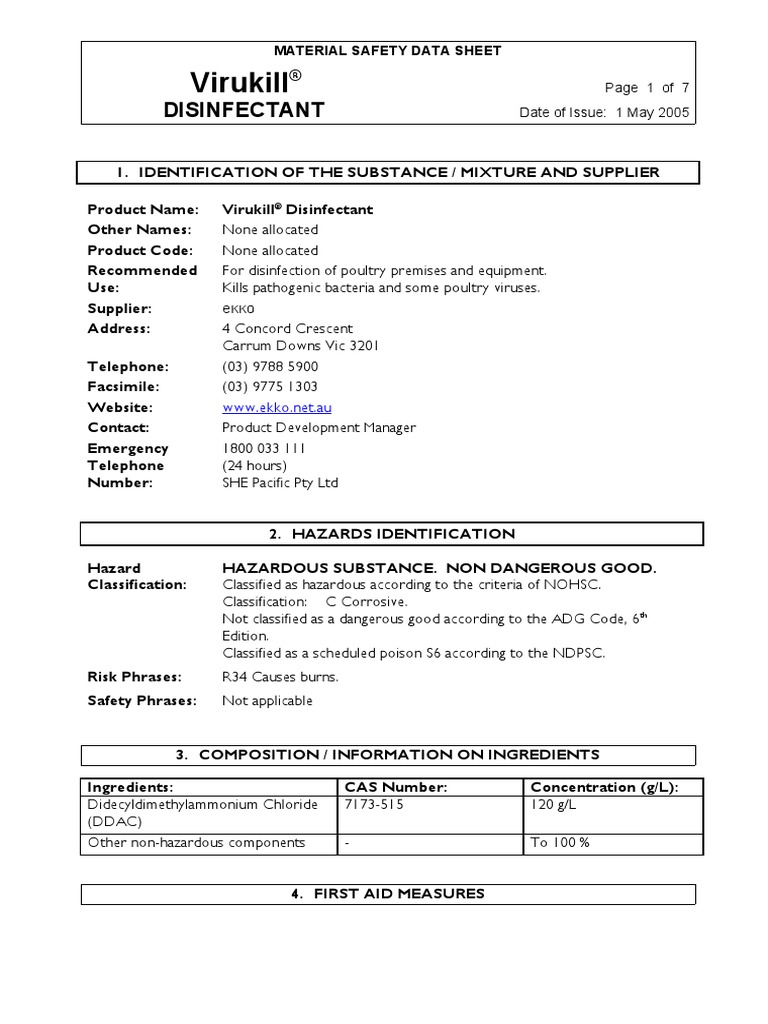 MSDS Virukill | Toxicity | Waste Management