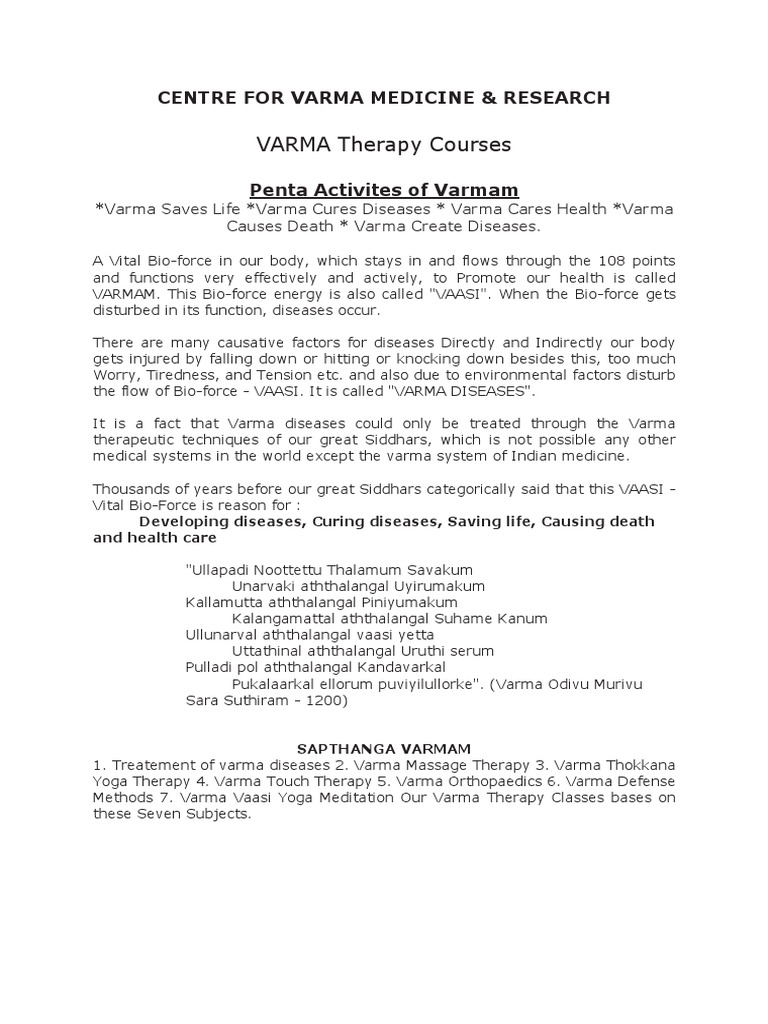 Centre For Varma Medicine Courses | PDF | Massage | Medicine