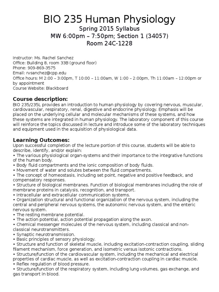 BIO 235 Human Physiology Syllabus Muscle Contraction Endocrine System