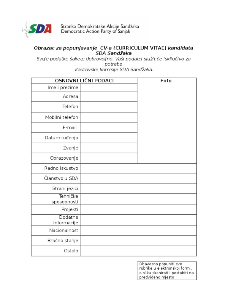 Obrazac Za Popunjavanje CV | PDF