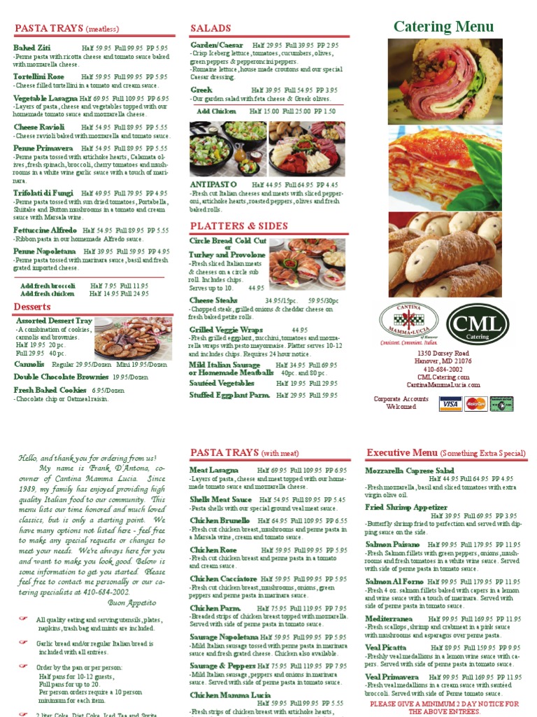 Catering Menu: Pasta Trays Salads | PDF | Tomato Sauce | Italian Cuisine