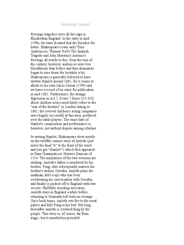 Historical Context Hamlet | PDF | Hamlet | William Shakespeare