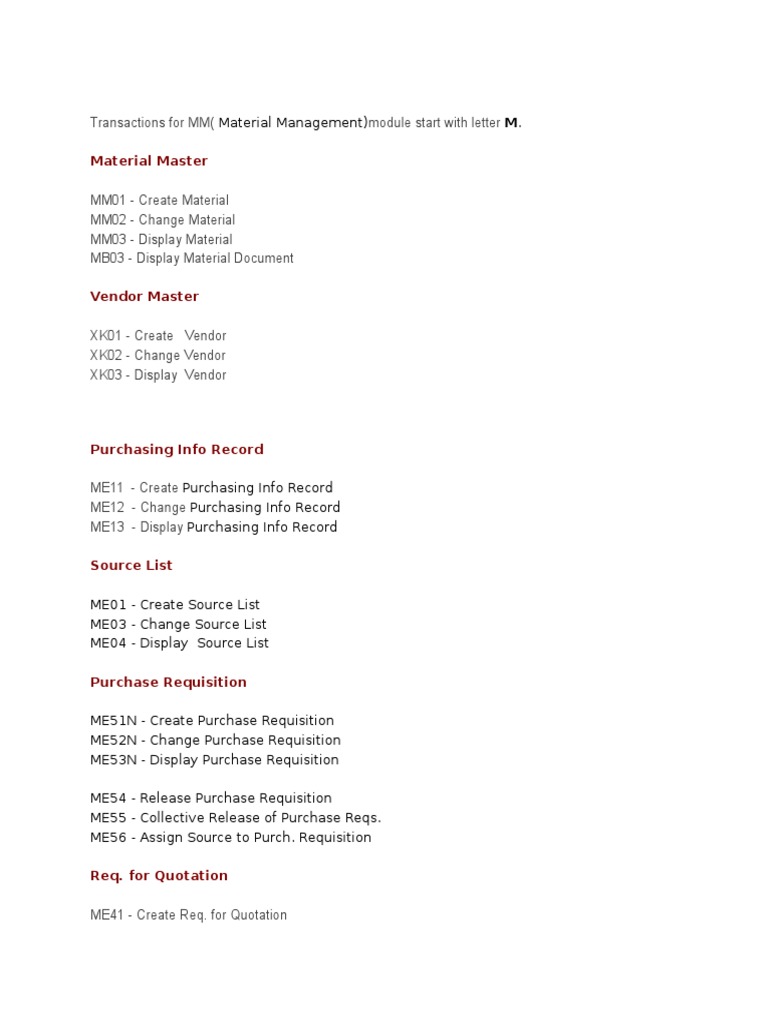 Sap Mm Tcodes | Inventory | Production And Manufacturing