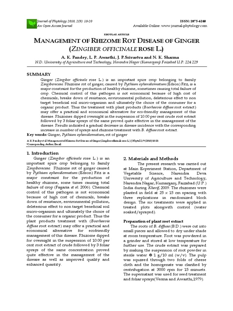Management of Rhizome Rot Disease of Ginger (Zingiber Officinale Rose L ...