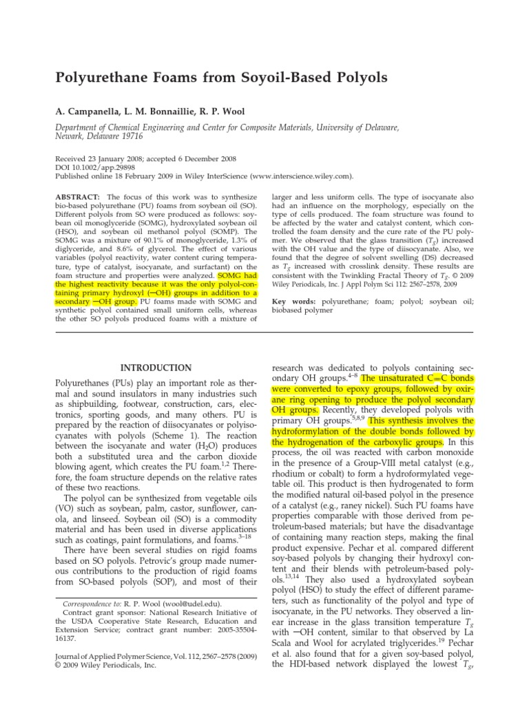 Bio-Based Polyurethane Foams from Soybean Oil | PDF | Polyurethane | Foam